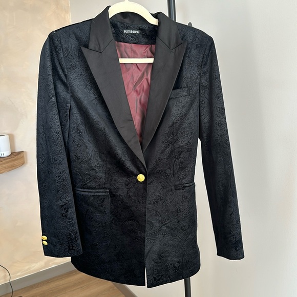 sumisurra | Jackets & Coats | Black Velvet Blazer Gold Buttons Burgundy ...
